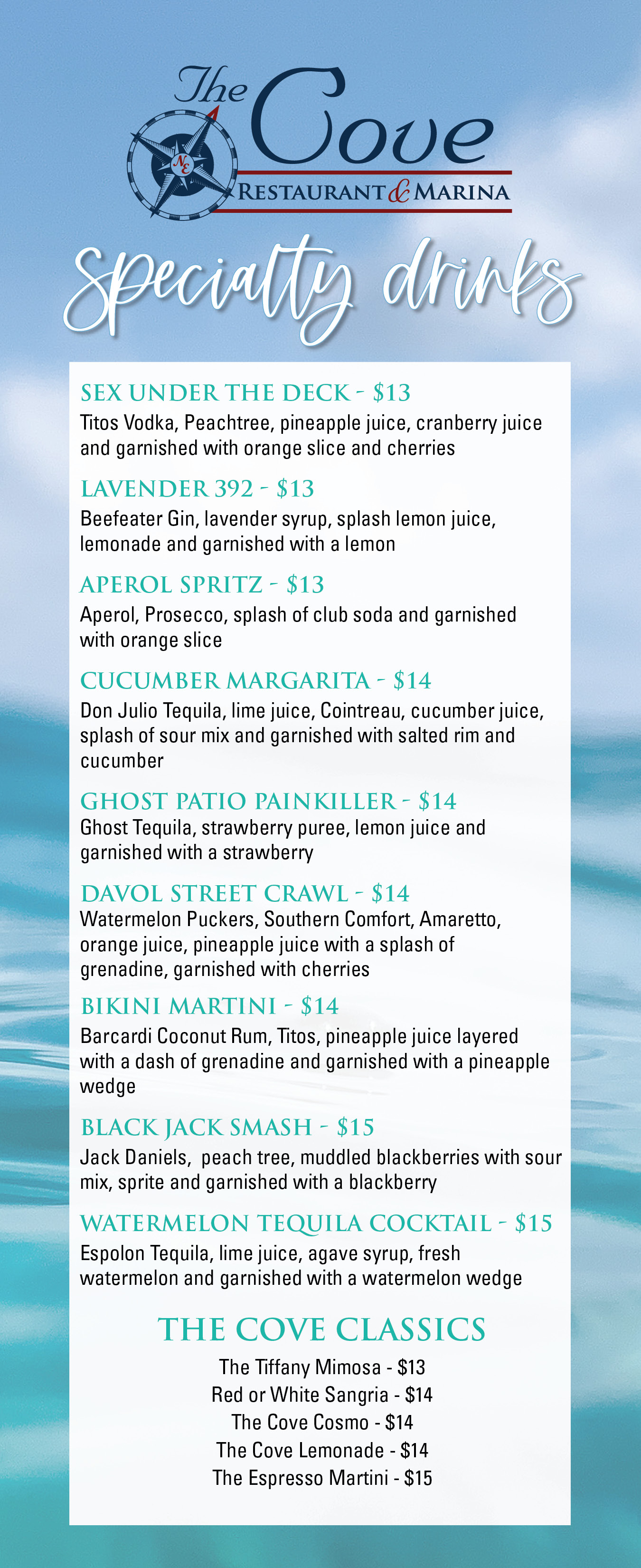 Drink Menu | The Cove Restaurant & Marina