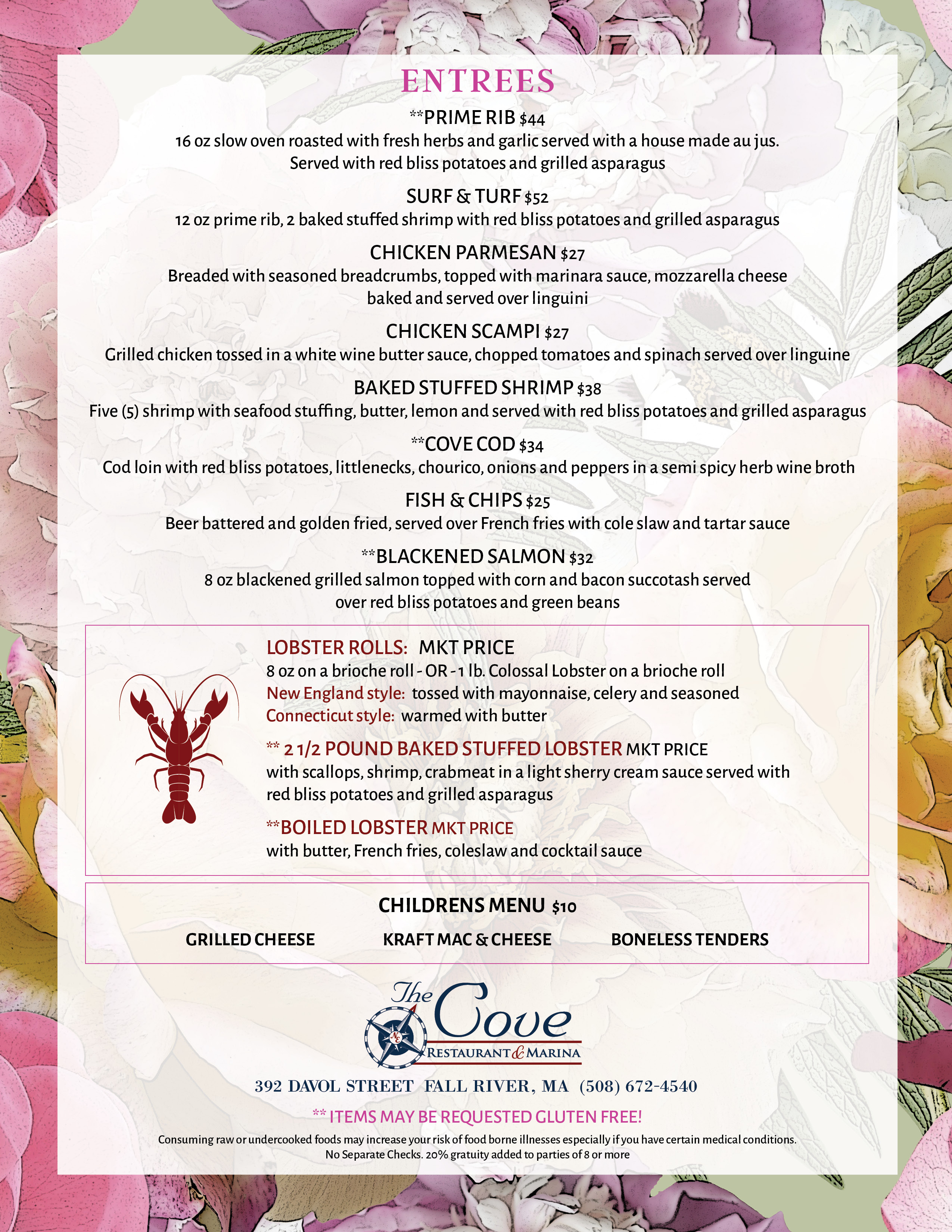 Special Menus | The Cove Restaurant & Marina