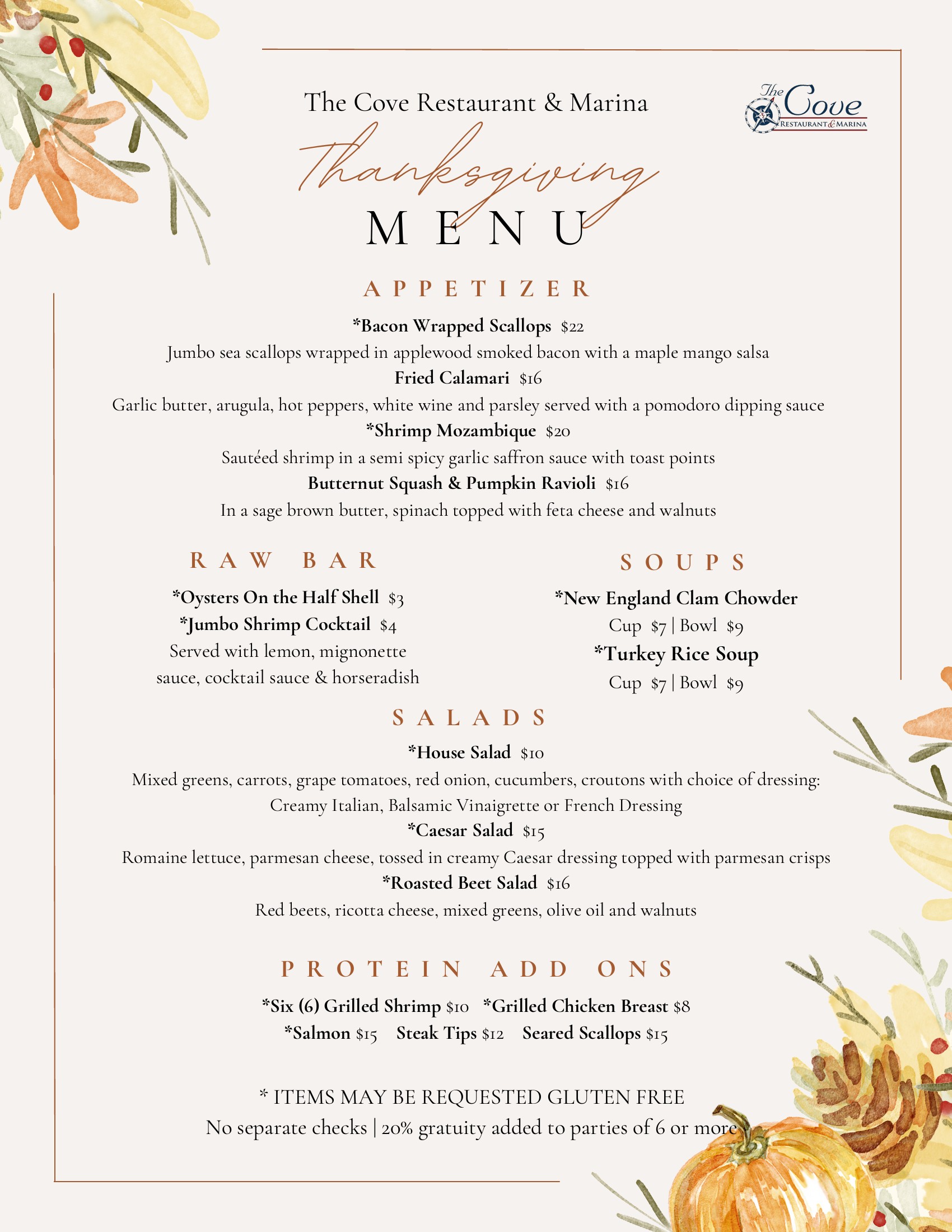 Special Menus | The Cove Restaurant & Marina